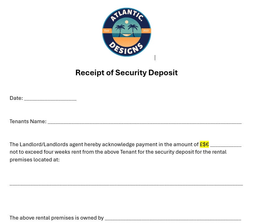 Security Deposit Receipt Form | Template | Digital | Letter | Microsoft ...