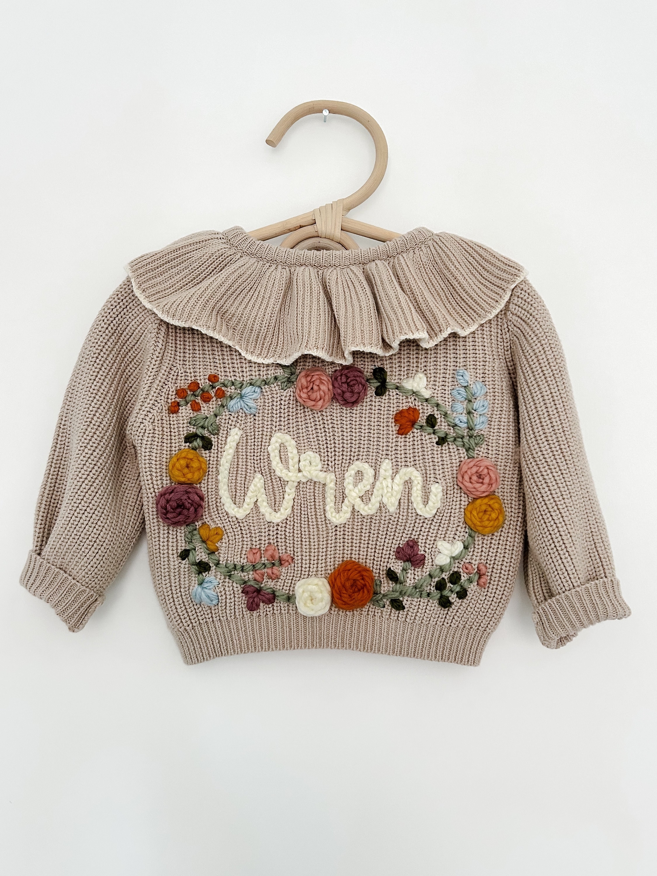 Personalised Baby Name Cardigan | Hand Embroidered Chunky Knit Frill ...