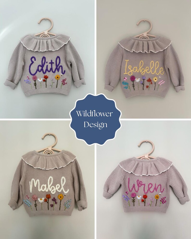Personalised Baby Name Cardigan | Hand Embroidered Chunky Knit Frill ...