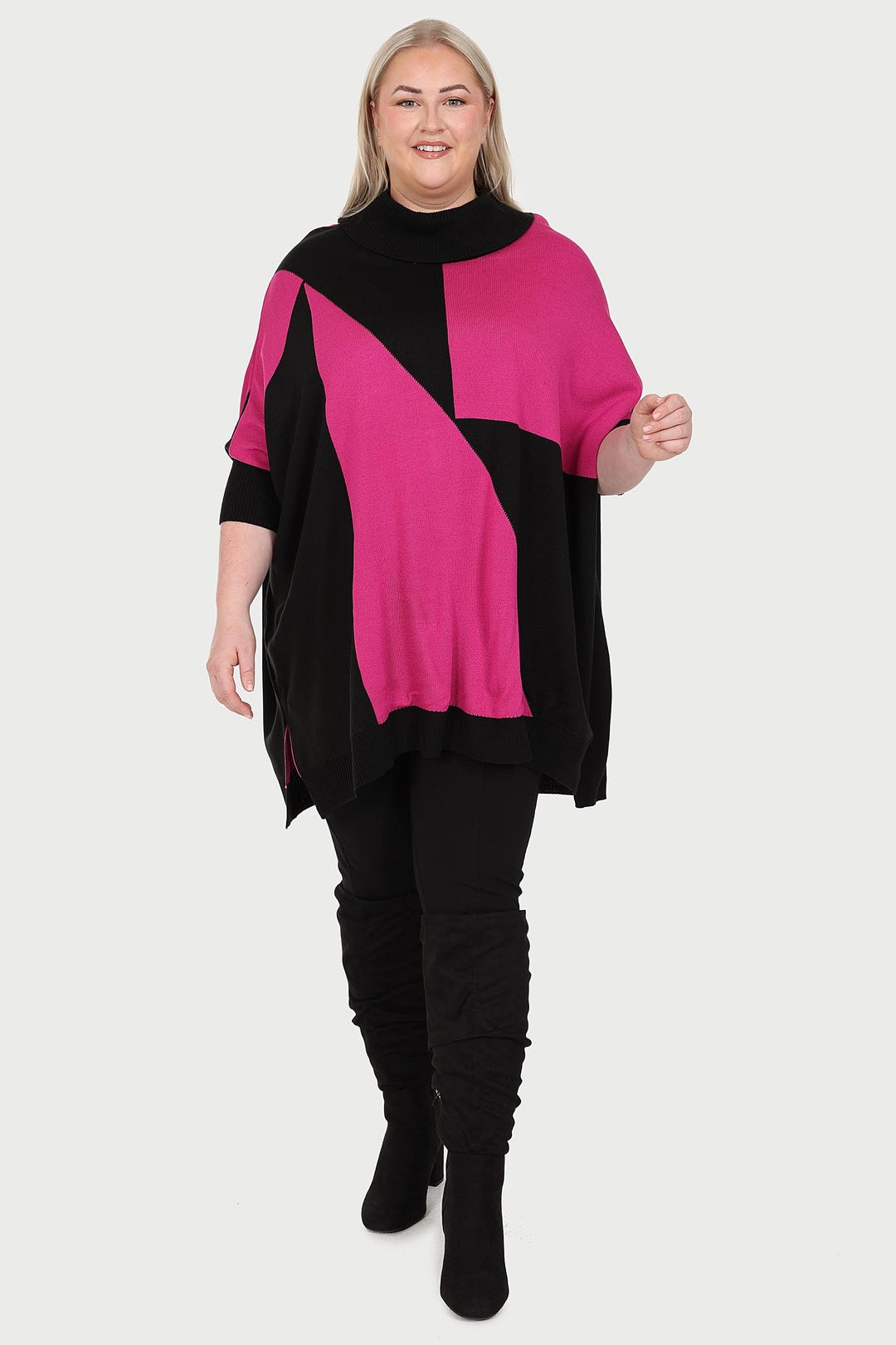 Plus Size Curvy High Neck Colour-blocked Jumper - Fuchsia/black - Etsy
