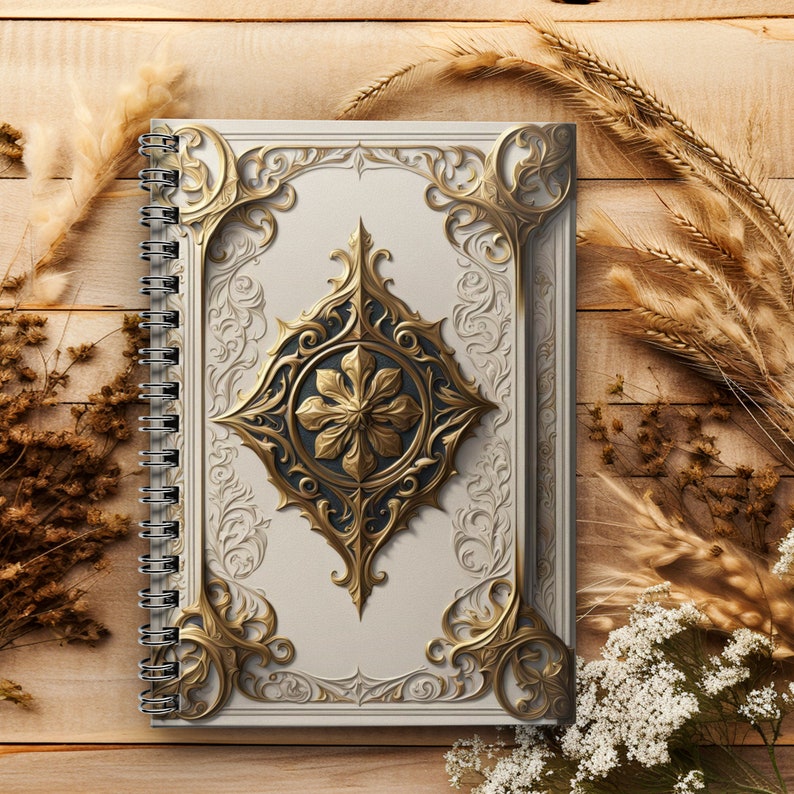 Spiral Notebook: Fantasy - White/gold, Ruled Line, "leather Binding ...