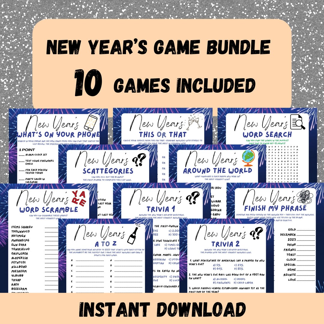 Printable New Year's Game, 10 Family Game Bundle, Holiday Party Games ...