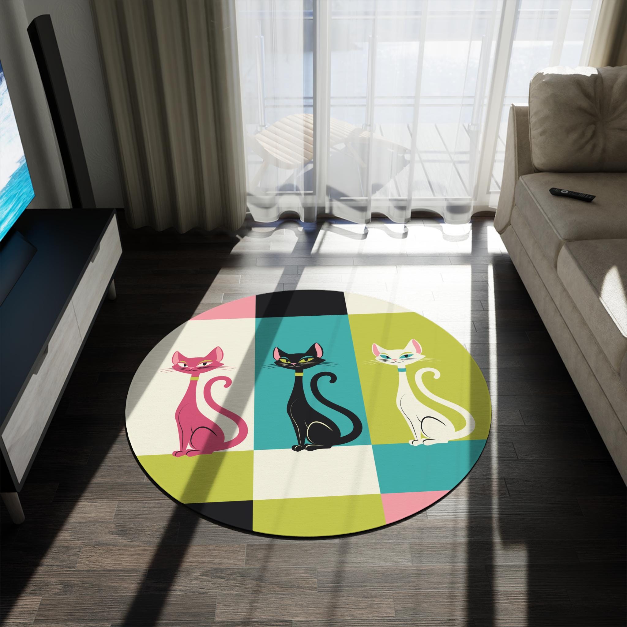 Mid-century Modern Rug – Round Rug With Retro Atomic Cat Design – Soft ...