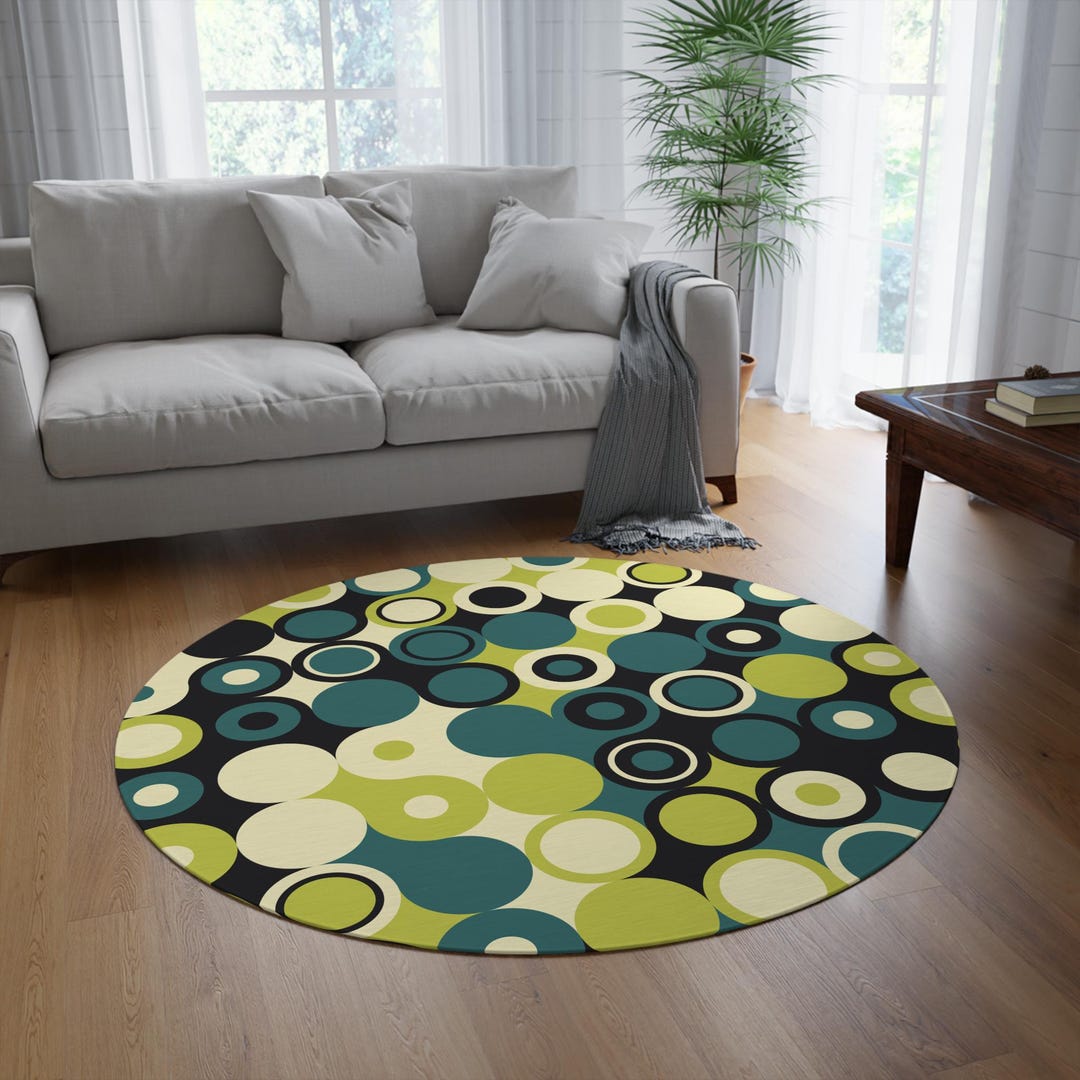 Round Mid Century Modern Rug - Retro Circle Pattern Green and Teal ...