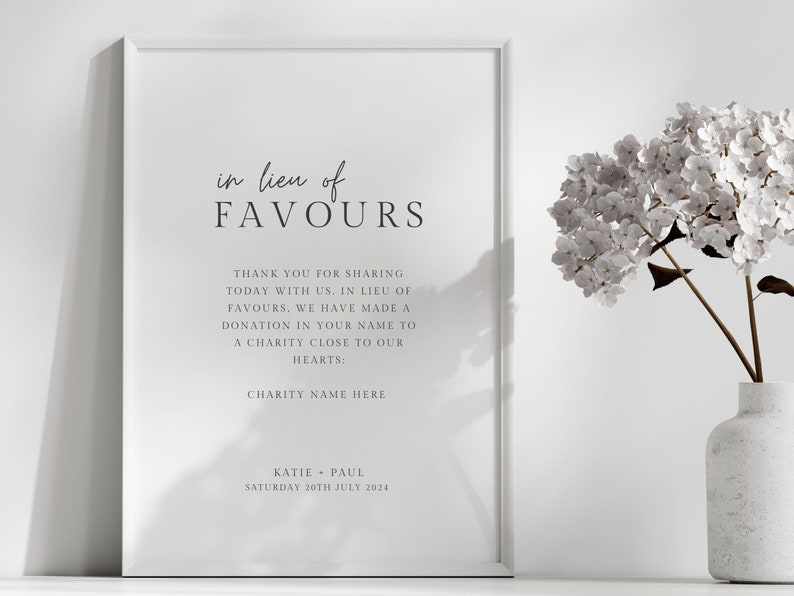 Modern Wedding in Lieu of Favours Sign Template | Minimalist in Lieu of ...