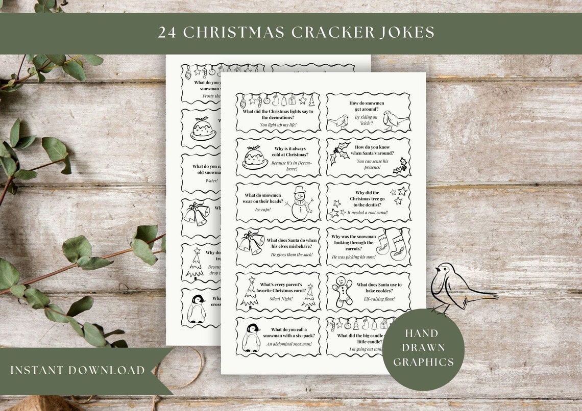24 Christmas Cracker Jokes | Hand-drawn Graphics | Printable Christmas ...