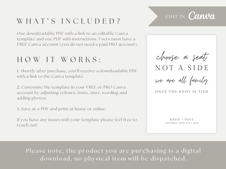 Pick A Seat Not A Side Wedding Sign Template | Minimalist Ceremony ...