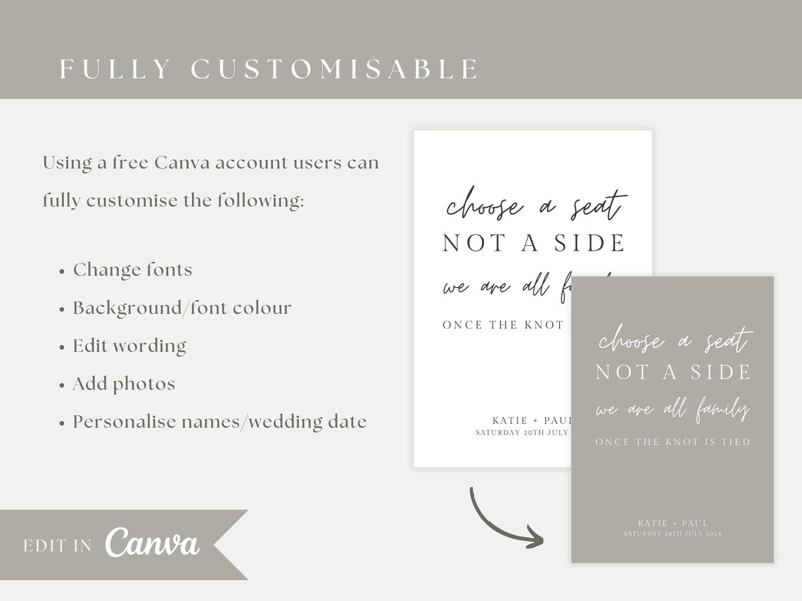 Pick A Seat Not A Side Wedding Sign Template | Minimalist Ceremony ...