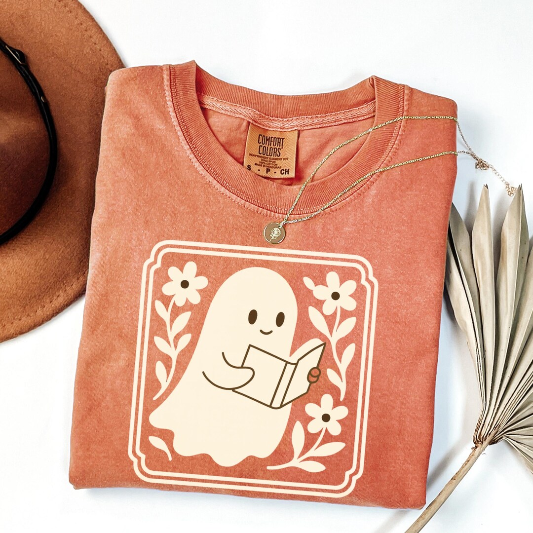 Retro Ghost Reading Books Shirt Comfort Colors, Halloween Teacher Tee ...