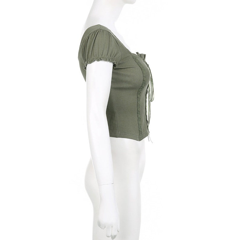 Y2K Aesthetic Grunge Lace Crop Top Trim Square Collar Short Sleeve Top ...