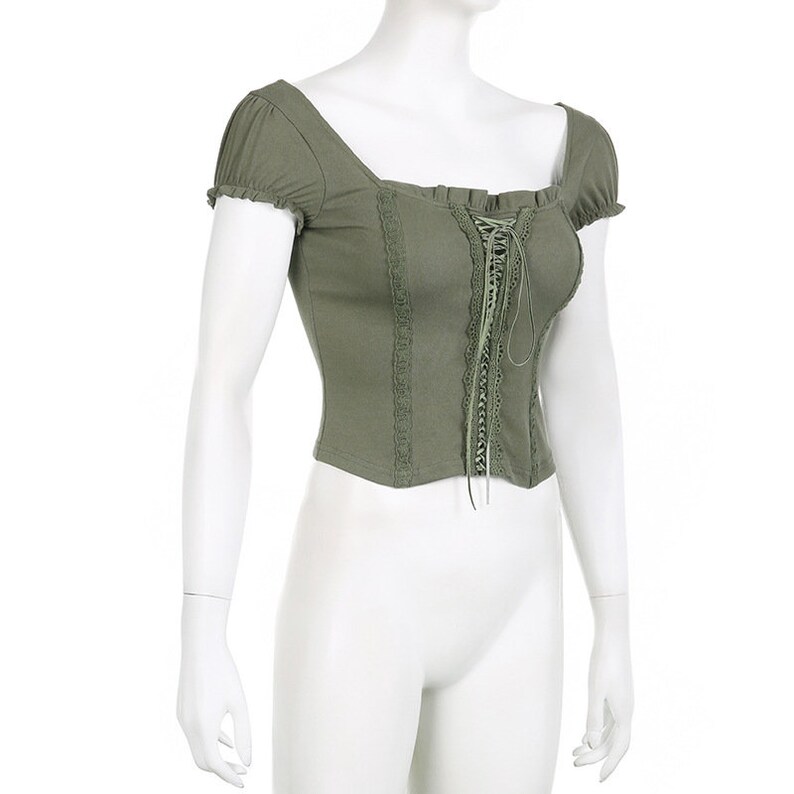 Y2K Aesthetic Grunge Lace Crop Top Trim Square Collar Short Sleeve Top ...