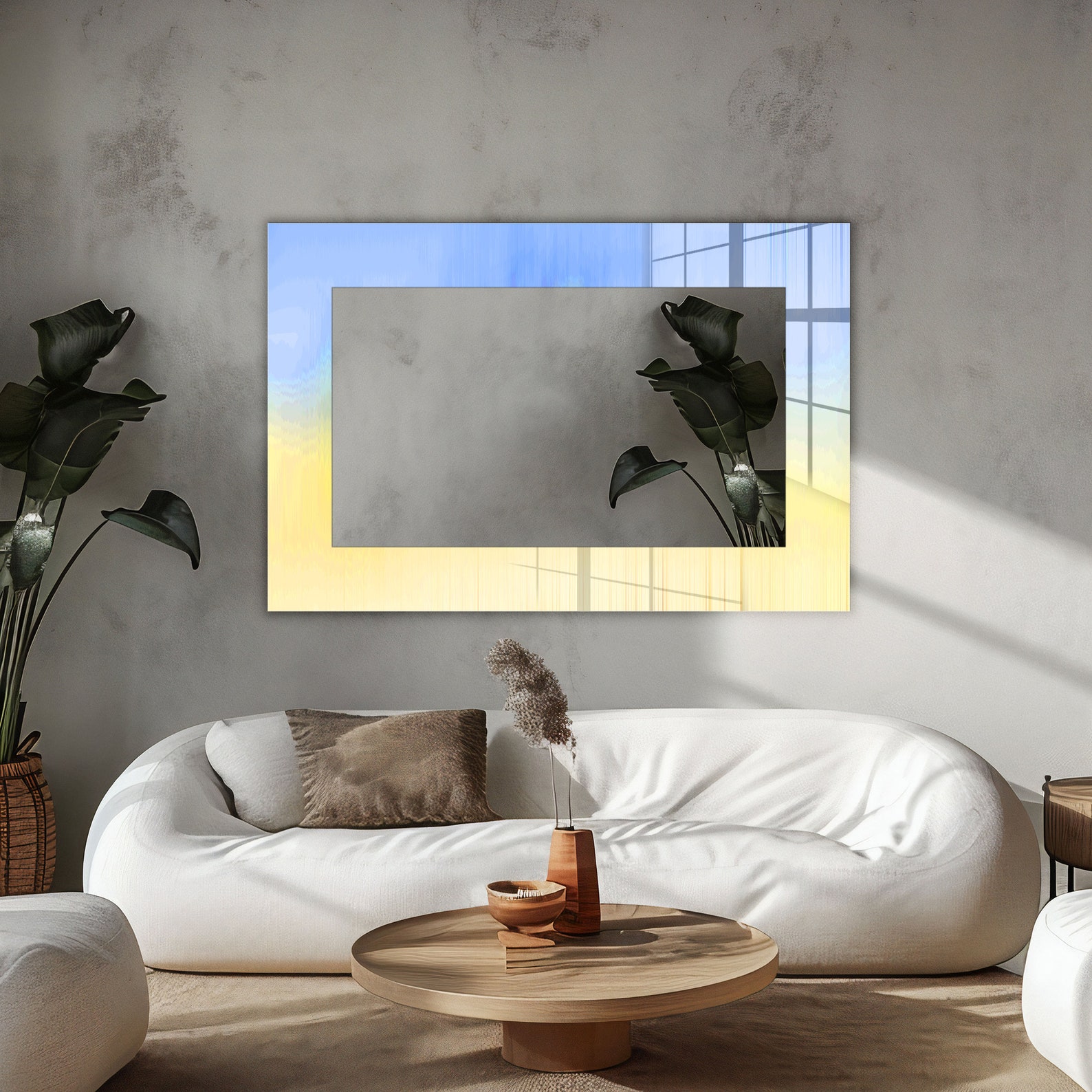 Yellowish Blue Glass Wall Mirror- Pale Colors Tempered Glass Mirror ...