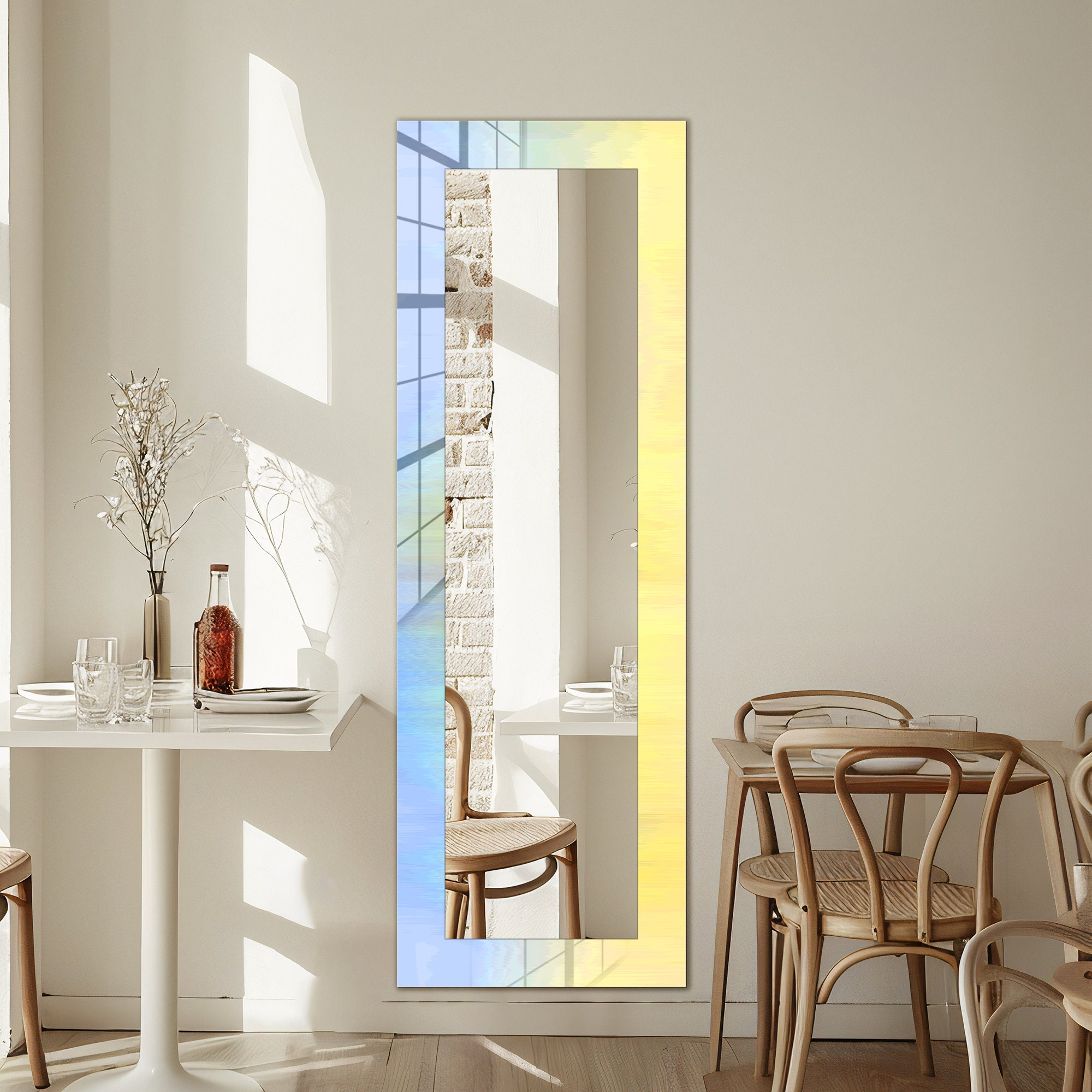 Yellowish Blue Glass Wall Mirror- Pale Colors Tempered Glass Mirror ...
