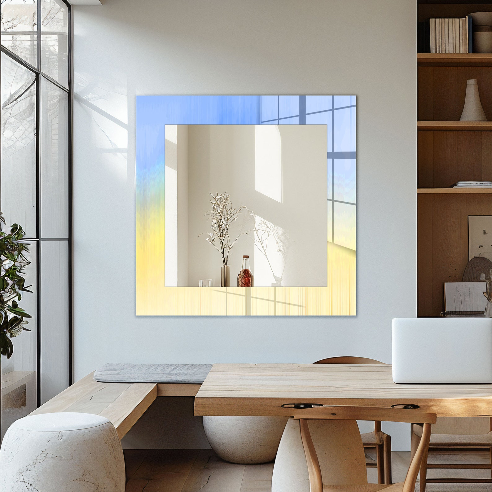 Yellowish Blue Glass Wall Mirror- Pale Colors Tempered Glass Mirror ...