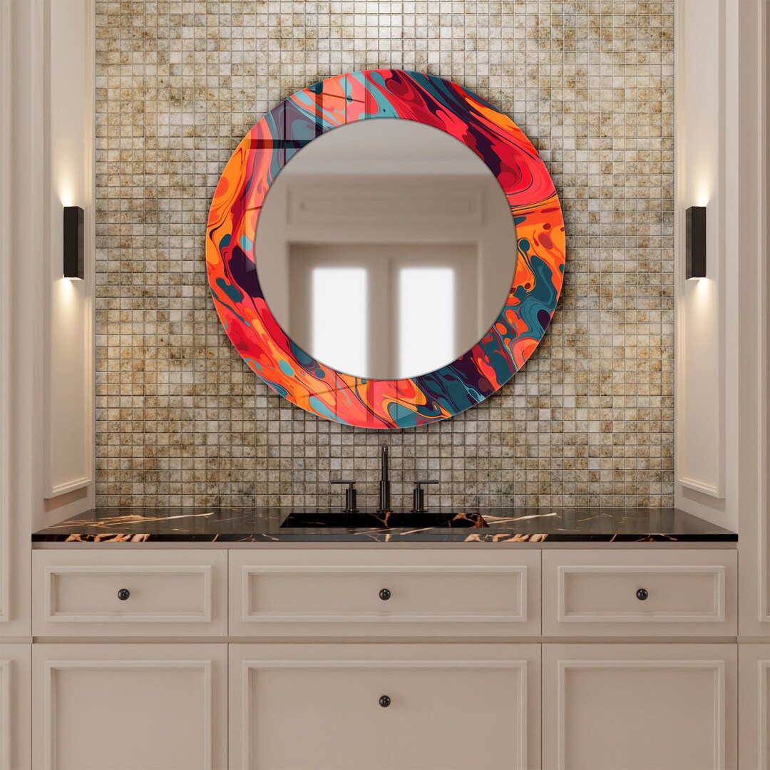Red Abstract Glass Wall Mirror, Round Wall Art Decor for Bathroom ...