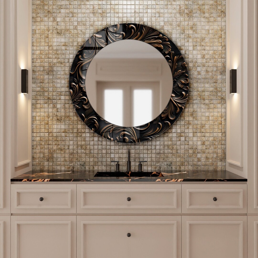 Black Floral Tempered Glass Wall Mirror- Round Glass Wall Decor for ...