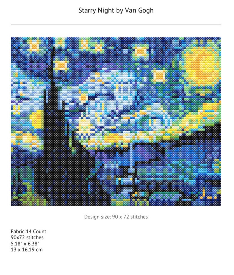 Tiny Van Gogh Starry Night, Miniature Art Cross Stitch Pattern, Easy ...