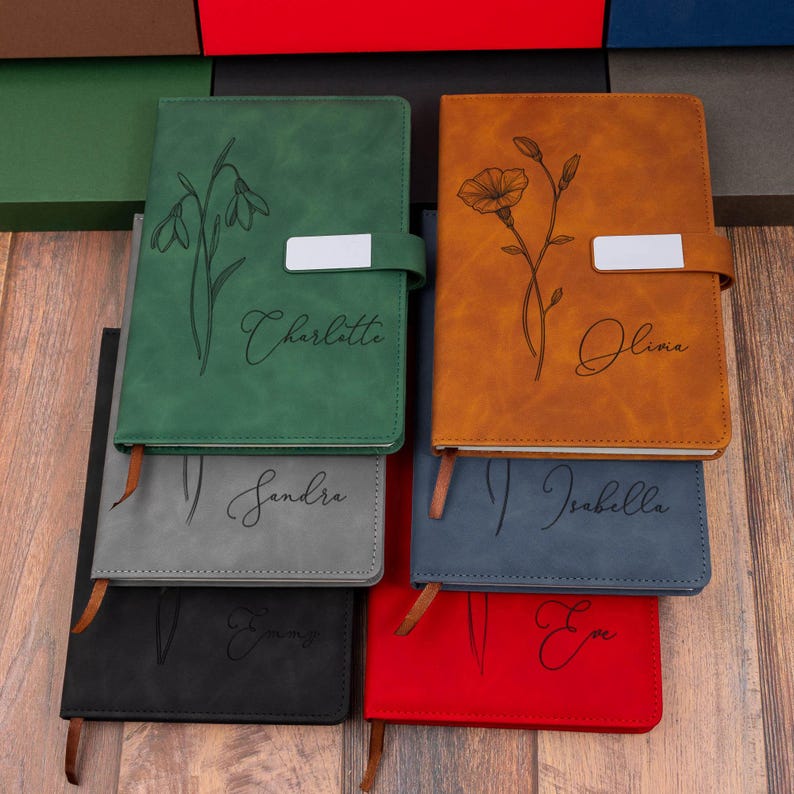 Custom Leather Journal Set, Personalized Notebook With Pen, Birth Month ...