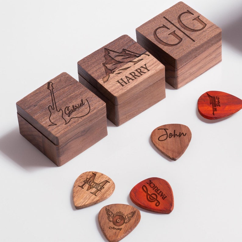 Custom Wooden Guitar Pick Box: Personalized Walnut Plectrum Case - Etsy