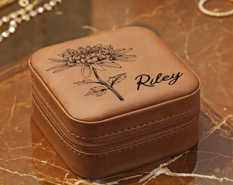 Personalized Birth Flower Travel Jewelry Box, Small Square Earring Organizer, Bridesmaid Gifts ...