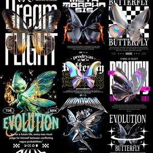 Butterfly Streetwear T-shirt Design PNG Bundle - Trendy Y2K Chrome ...