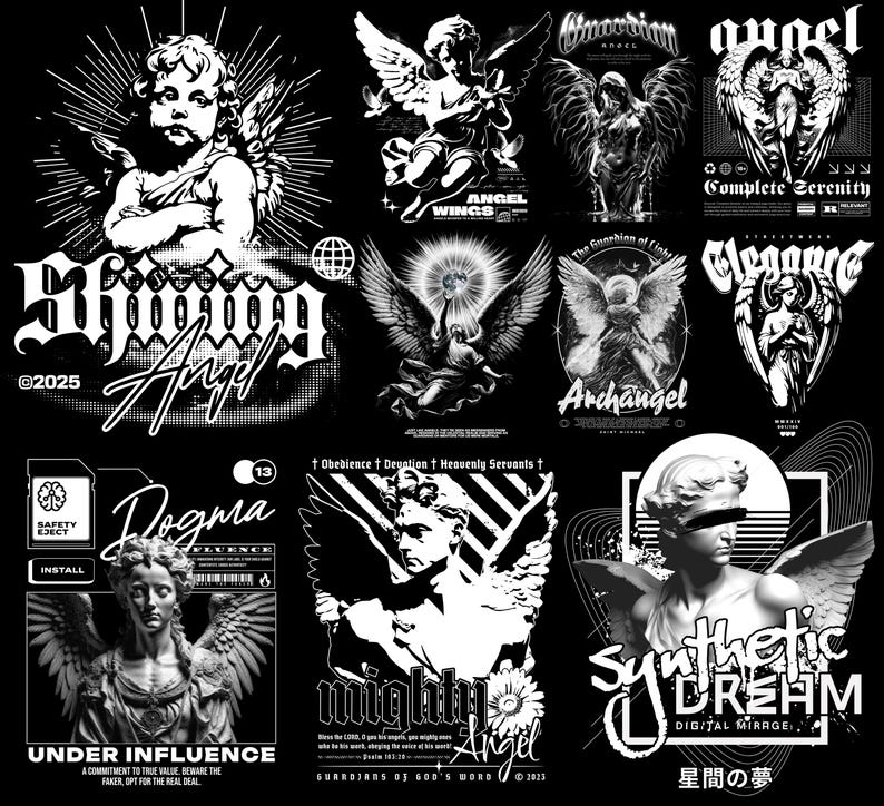Urban Angel Streetwear Monochrome PNG Designs Bundle - High-resolution 300 DPI Files for T-shirt ...