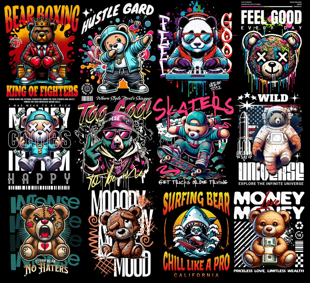 Bear T-shirt Designs Bundle, Bear Streetwear Design Bundle, Streetwear ...