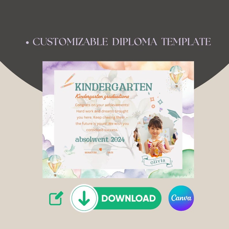 Editable Kindergarten Diploma, Canva Template for Kids, Personalized ...