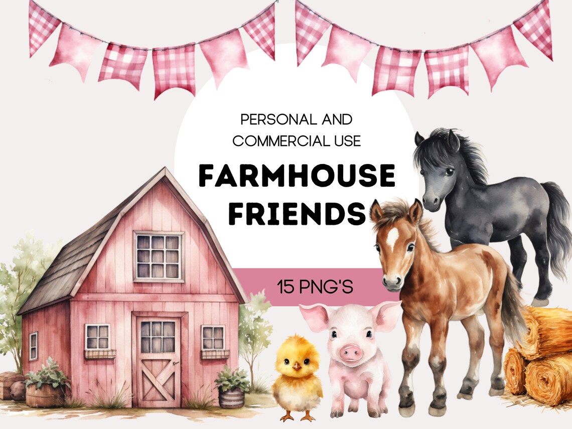 Watercolor Farm Animals Clipart Set: Barn, Tractor, Horse (commercial ...