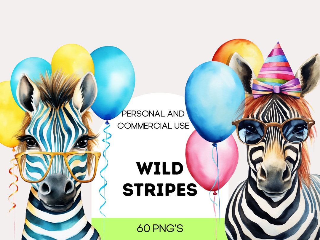 Watercolor Zebra Clipart Set: Party Animals, Safari Birthday (digital ...