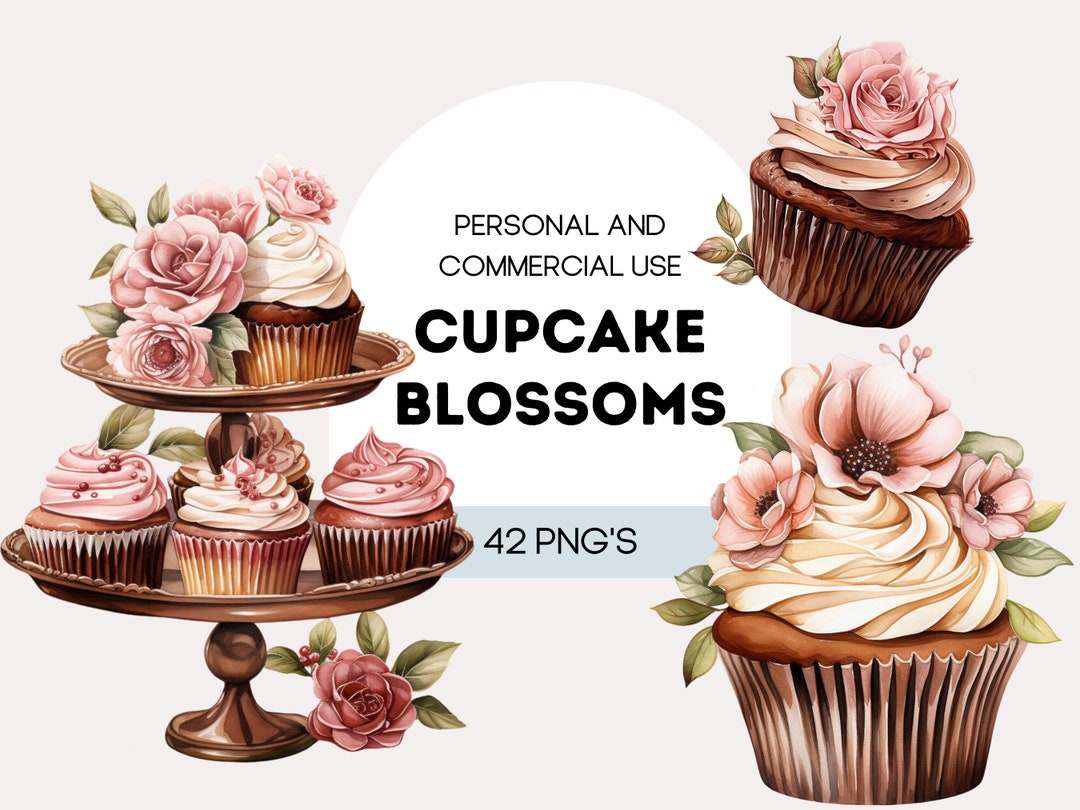 Watercolor Floral Cupcake Clipart Set: Bohemian Farmhouse Designs (42 ...