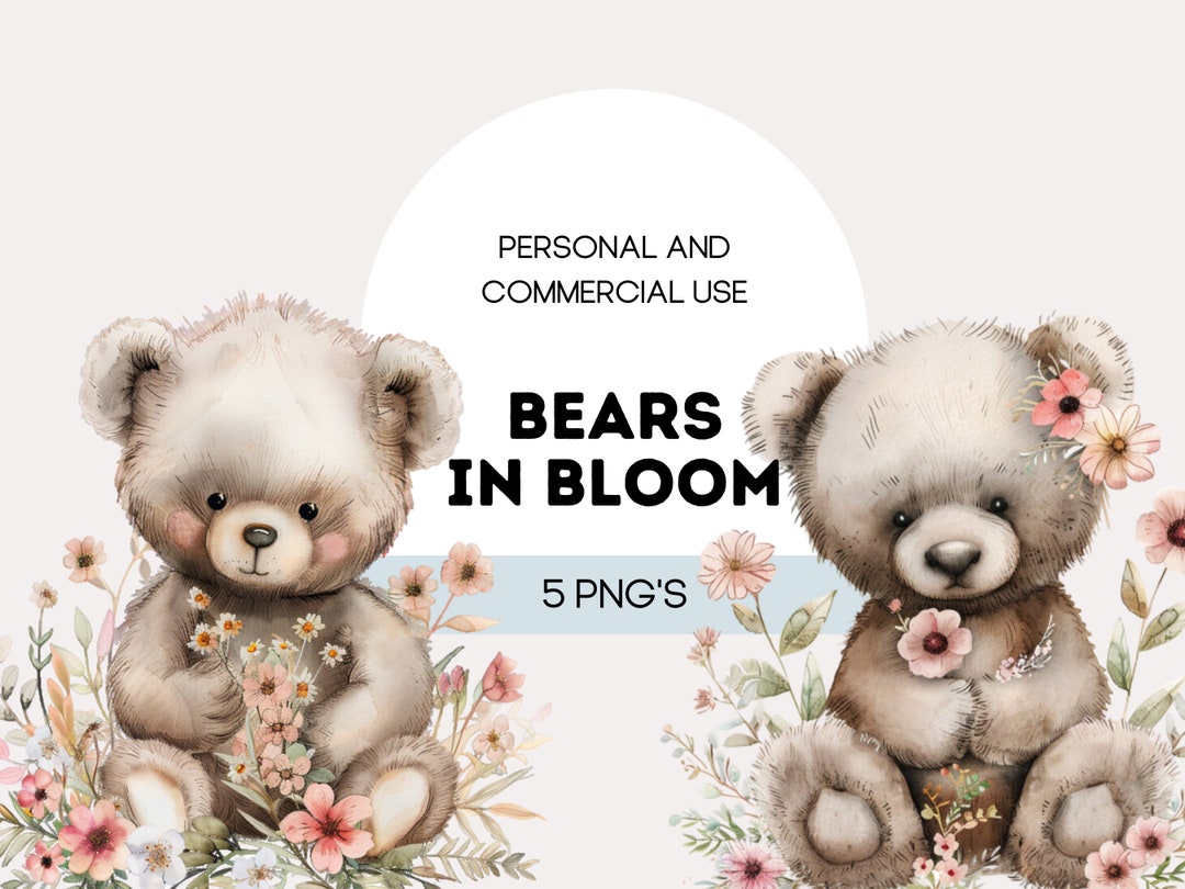 Watercolor Bear Clipart Set: Wildflower Nursery Art (digital Download ...