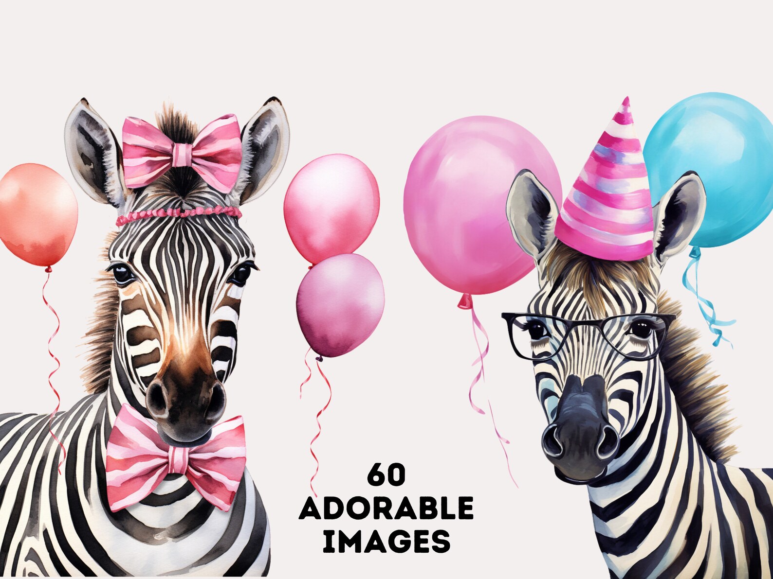 Watercolor Zebra Clipart Set: Party Animals, Safari Birthday (digital ...