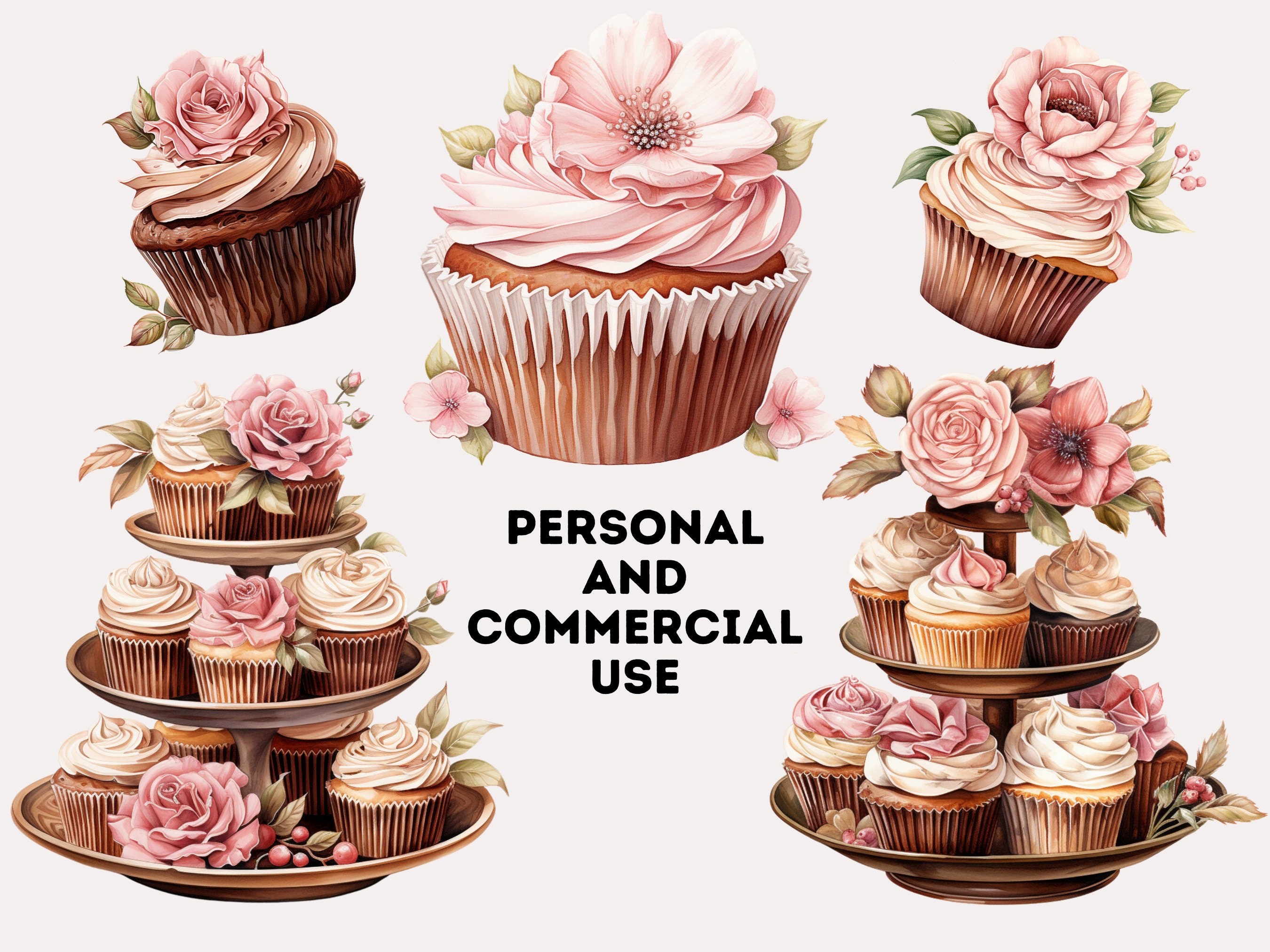 Watercolor Floral Cupcake Clipart Set: Bohemian Farmhouse Designs (42 ...