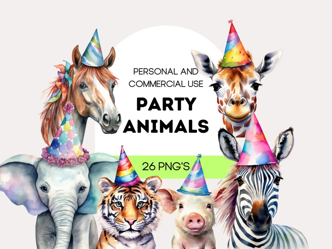 Watercolor Party Animals Clipart Set: Birthday Celebration (commercial ...