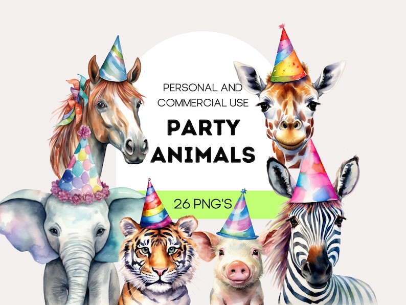 Watercolor Party Animals Clipart Set: Birthday Celebration (commercial ...