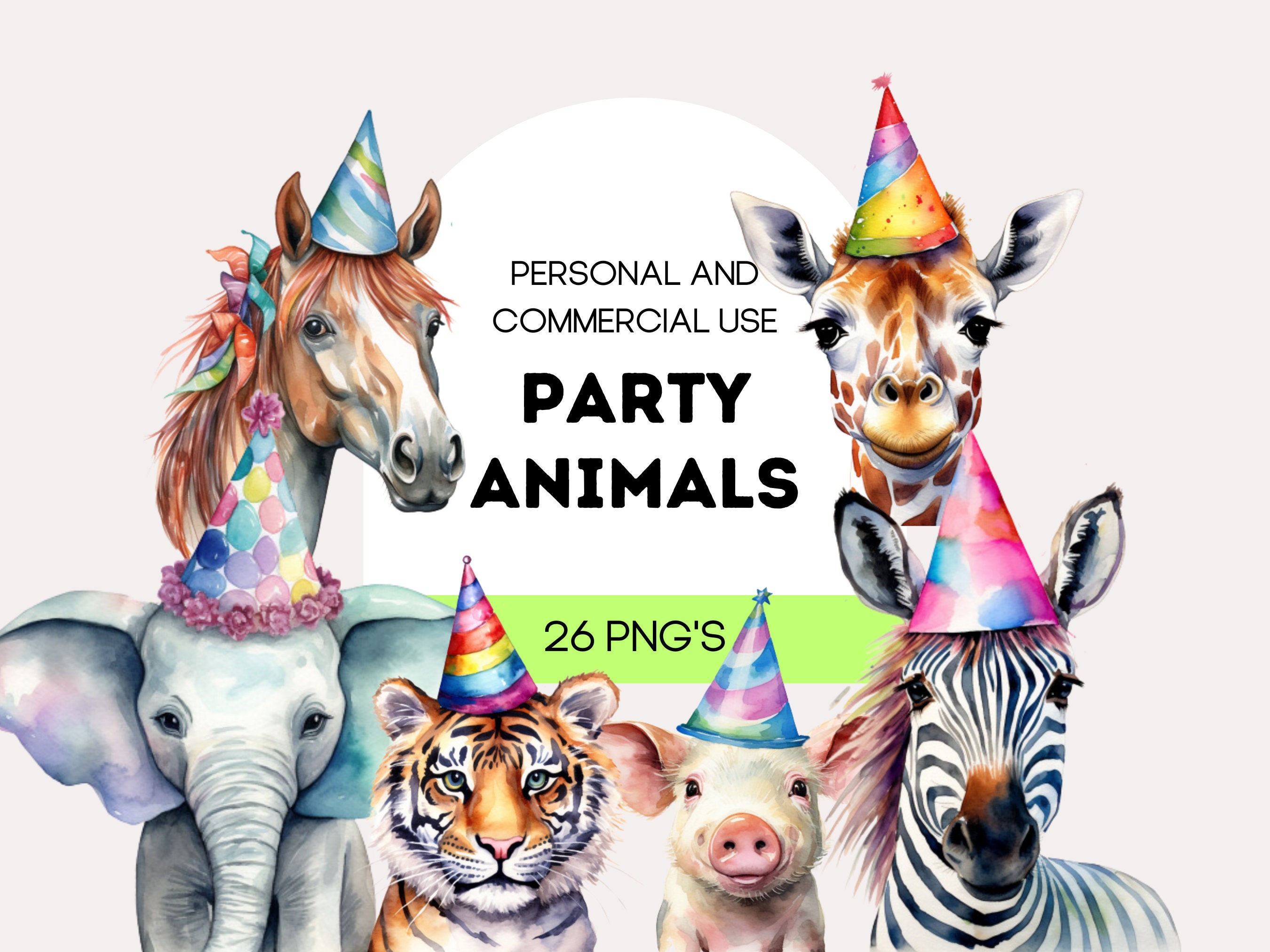 Watercolor Party Animals Clipart Set: Birthday Celebration (commercial ...