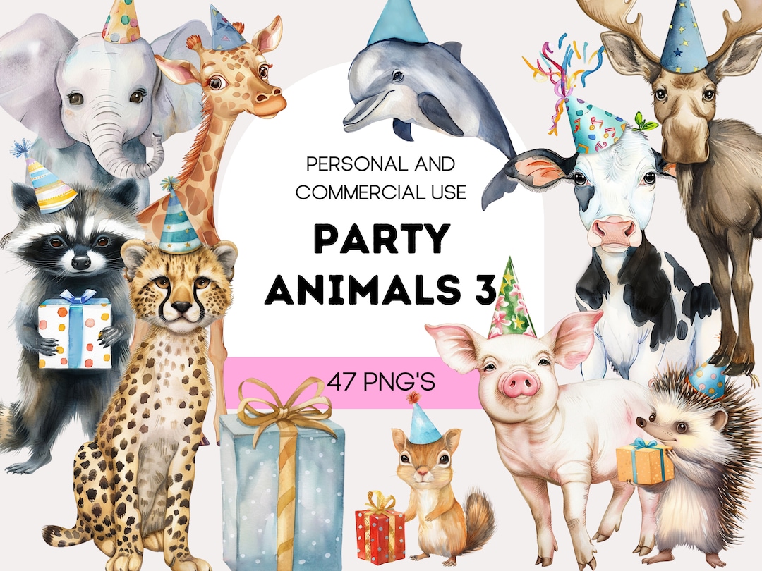 Watercolor Party Animals Clipart Set: Funny Birthday Animals ...