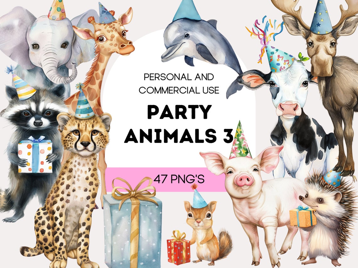 Watercolor Party Animals Clipart Set: Funny Birthday Animals ...