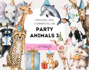 Watercolor Party Animals Clipart Set, Birthday Clipart, Funny Animals ...