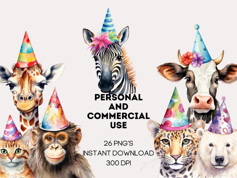 Watercolor Party Animals Clipart Set: Birthday Celebration (commercial ...