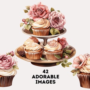 Watercolor Floral Cupcake Clipart Set: Bohemian Farmhouse Designs (42 ...