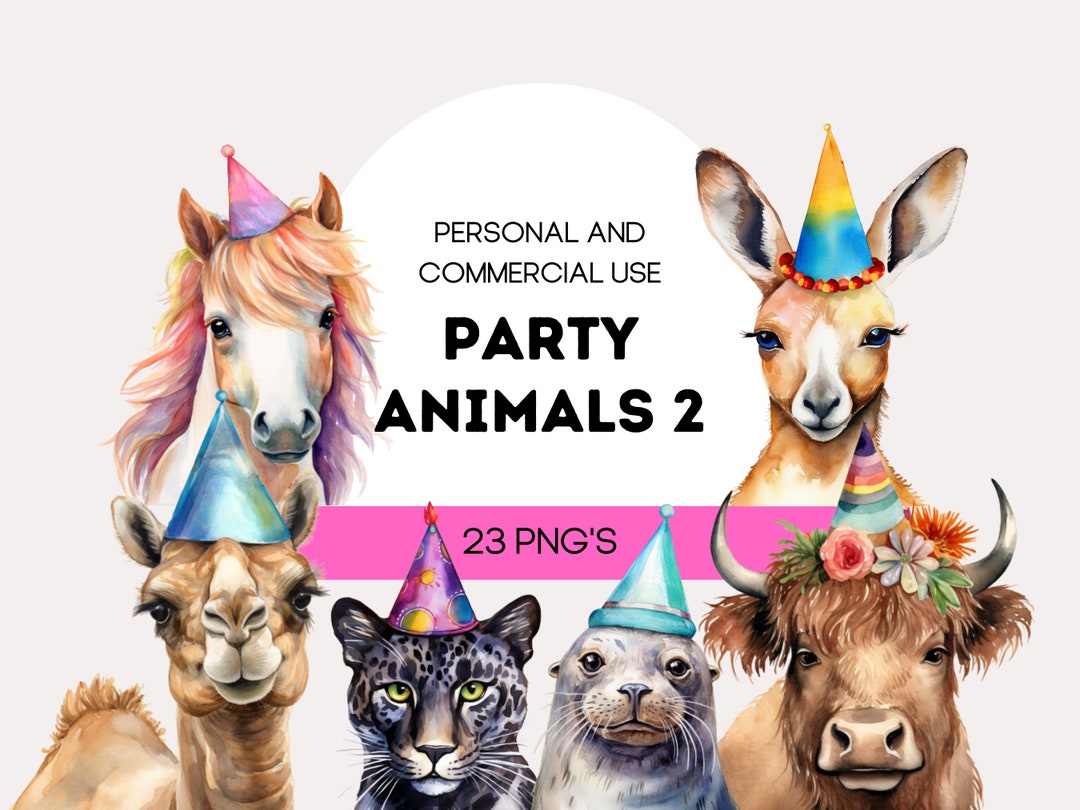 Watercolor Party Animals Clipart Set, Birthday Clipart, Funny Animals ...
