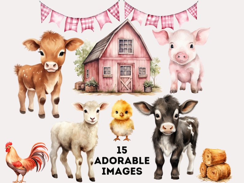 Watercolor Farmhouse Friends Clipart Set, Birthday Clipart, Farm ...