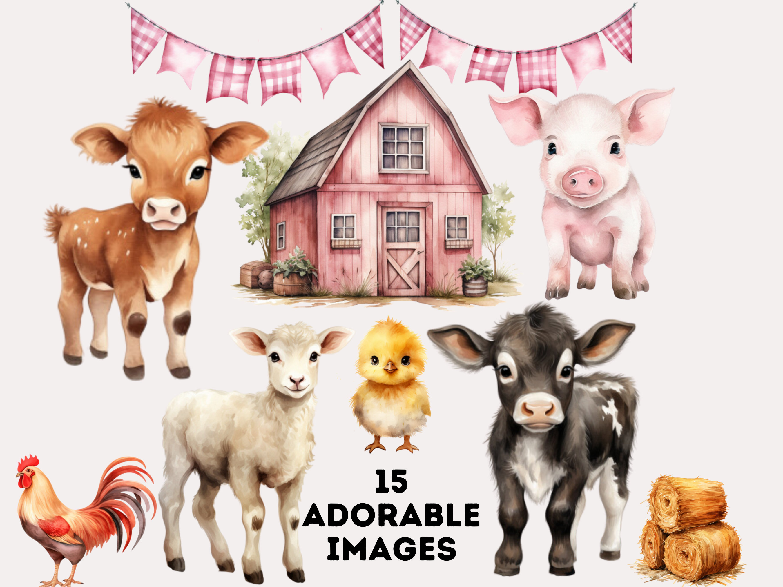 Watercolor Farmhouse Friends Clipart Set, Birthday Clipart, Farm ...