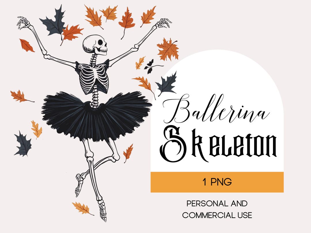 Ballerina Skeleton Halloween Clipart: Dancing Skeleton With Leaves (PNG ...