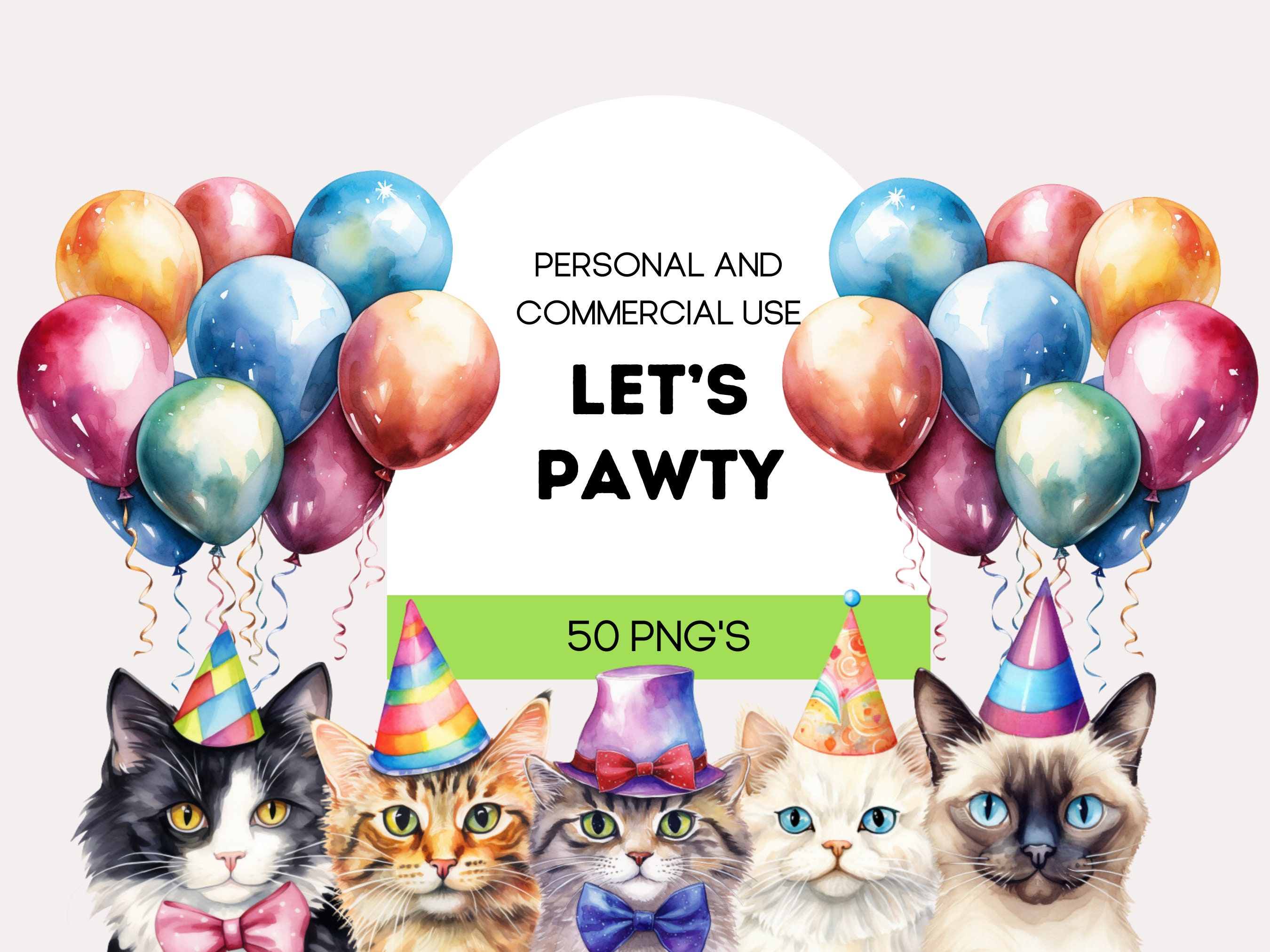 Watercolor Cat Birthday Clipart Set: Party Animals (digital Download ...