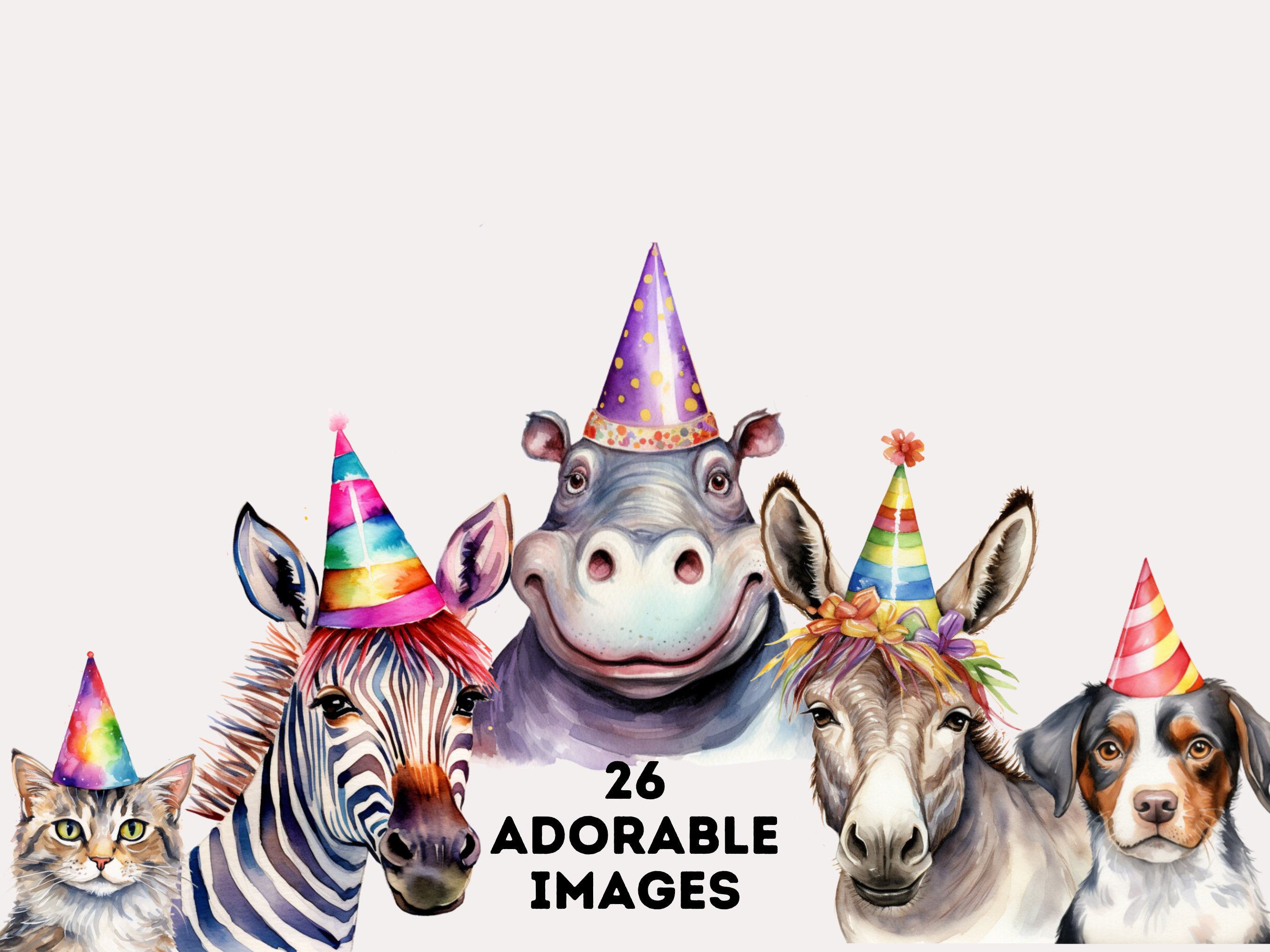 Watercolor Party Animals Clipart Set: Birthday Celebration (commercial ...
