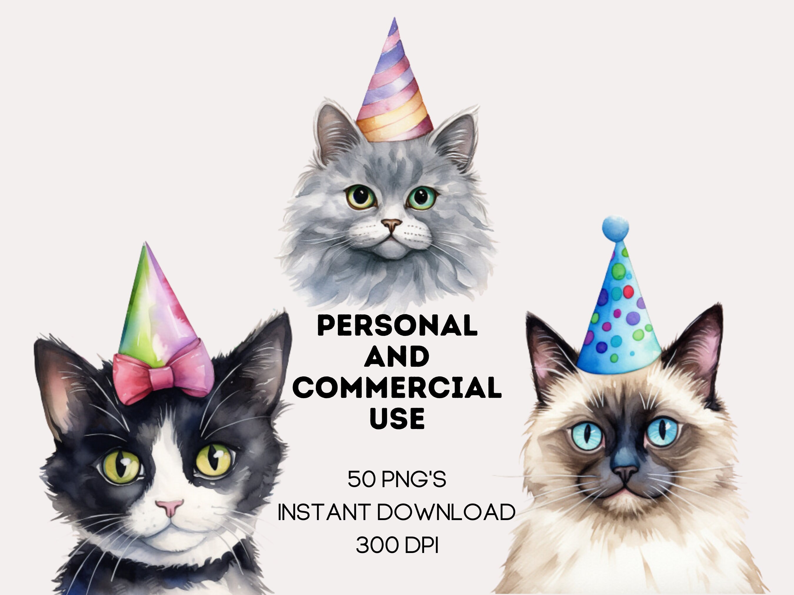 Watercolor Cat Birthday Clipart Set: Party Animals (digital Download ...