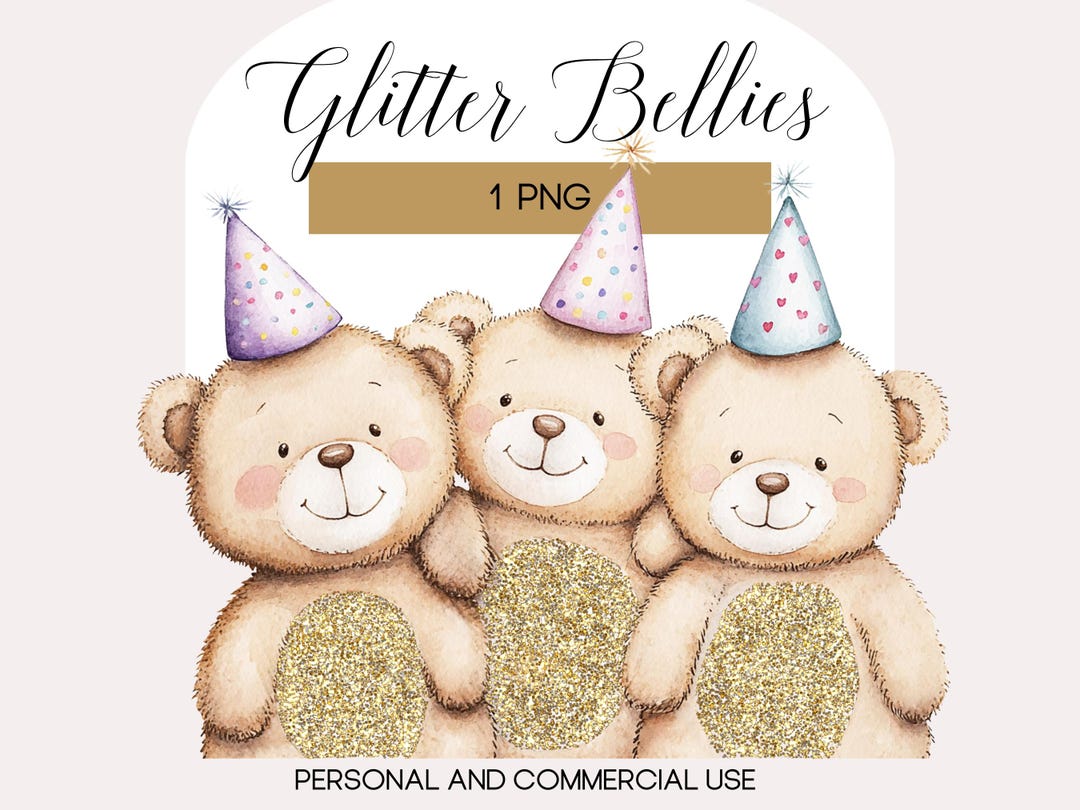 Gold Glitter Teddy Bears Clipart: Watercolor Birthday Party (PNG) - Etsy